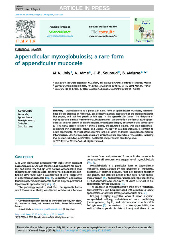 (PDF) Appendicular myxoglobulosis; a rare form of appendicular mucocele