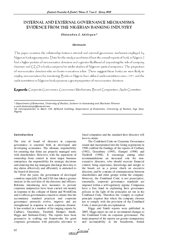 (PDF) Internal and external governance mechanisms: Evidence from the ...