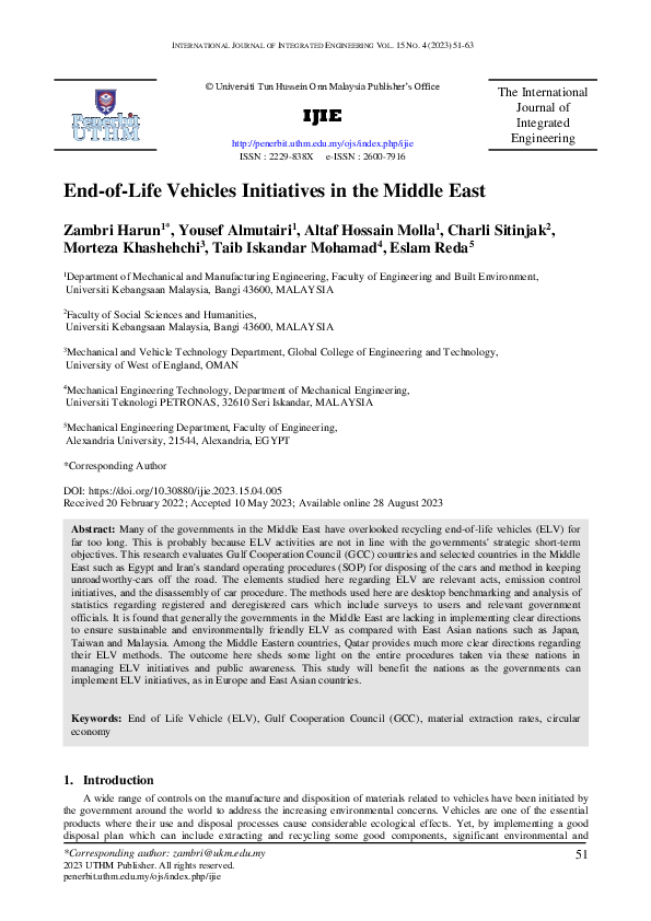 (PDF) End-of-Life Vehicles Initiatives in the Middle East