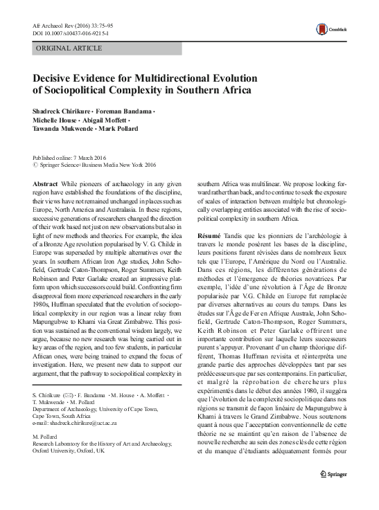 (PDF) Decisive Evidence for Multidirectional Evolution of Sociopolitical Complexity in Southern ...