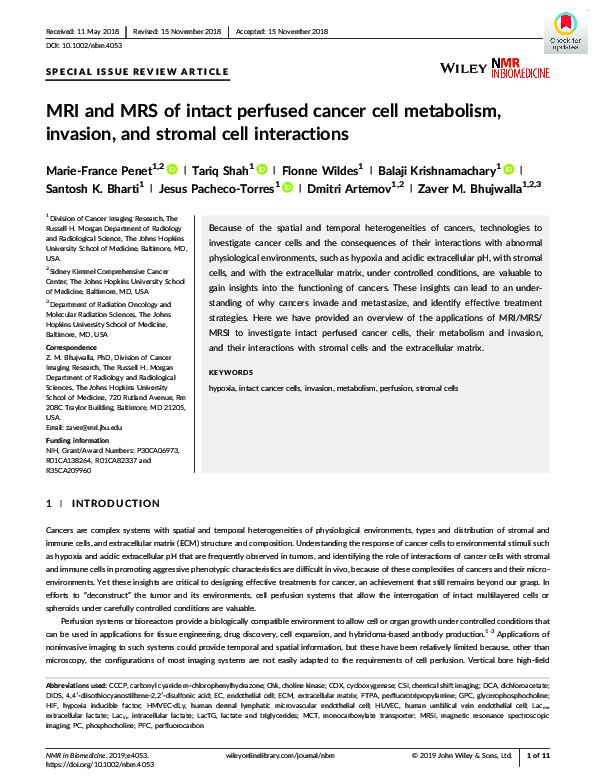 (PDF) MRI and MRS of intact perfused cancer cell metabolism, invasion ...