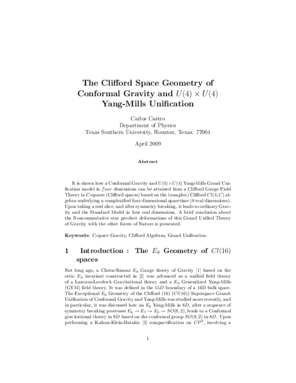 (PDF) The Clifford Space Geometry of Conformal Gravity and U(4) × U(4 ...
