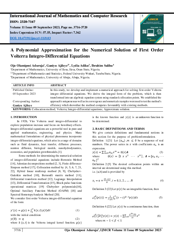 (PDF) A Polynomial Approximation for the Numerical Solution of First Order Volterra Integro ...