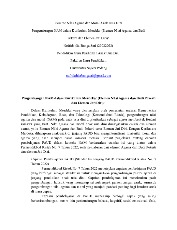 (PDF) Resume Nilai Agama dan Moral Anak Usia Dini Pengembangan NAM dalam Kurikulum Merdeka ...