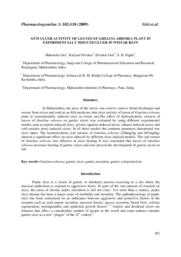 (PDF) Anti Ulcer Activity of Leaves of Gmelina Arborea Plant in ...
