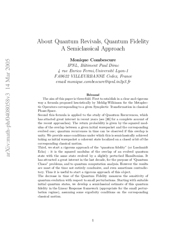 (PDF) On quantum revivals and quantum fidelity. A semiclassical approach