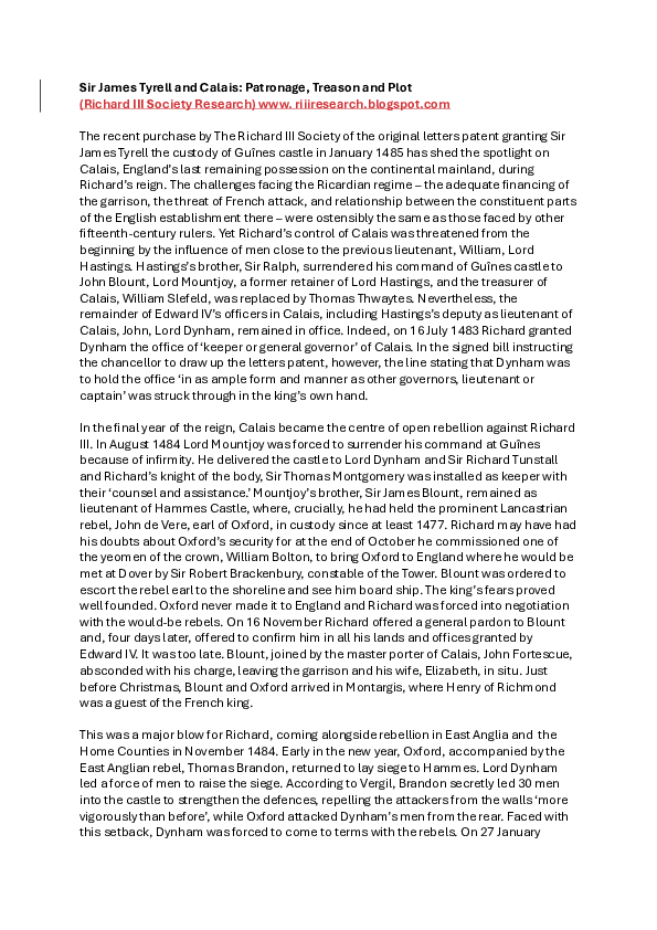 (PDF) Sir James Tyrell and Calais: Patronage, Treason and Plot (Richard ...