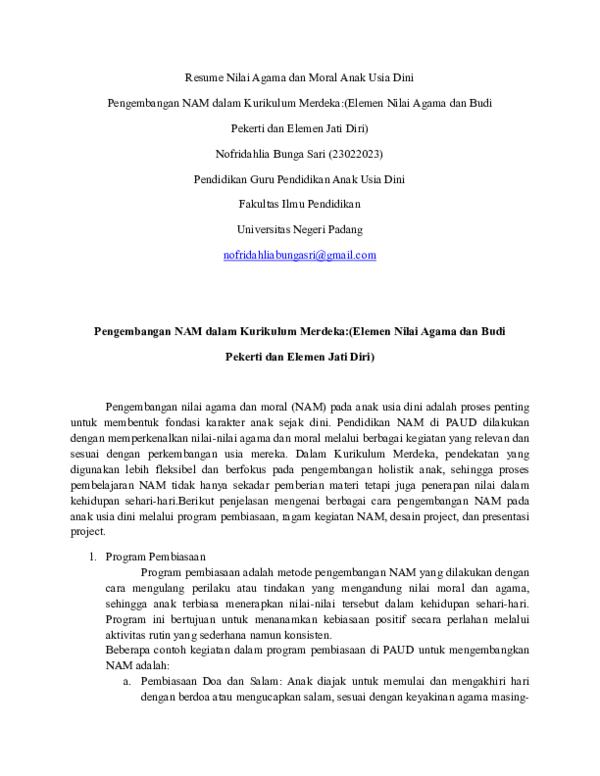 (PDF) Resume Nilai Agama dan Moral Anak Usia Dini Pengembangan NAM dalam Kurikulum Merdeka ...