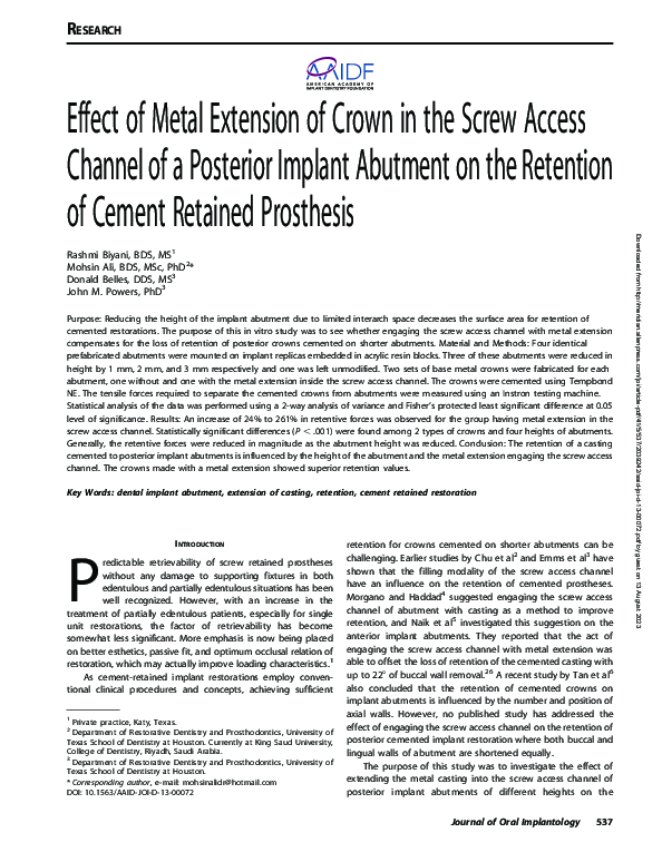 (PDF) Effect of Metal Extension of Crown in the Screw Access Channel of ...