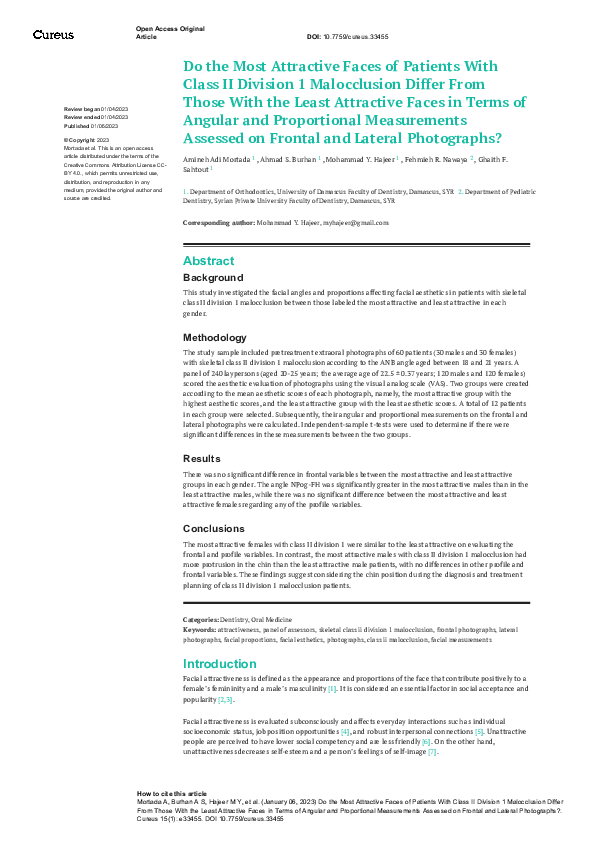(PDF) Do the Most Attractive Faces of Patients With Class II Division 1 ...