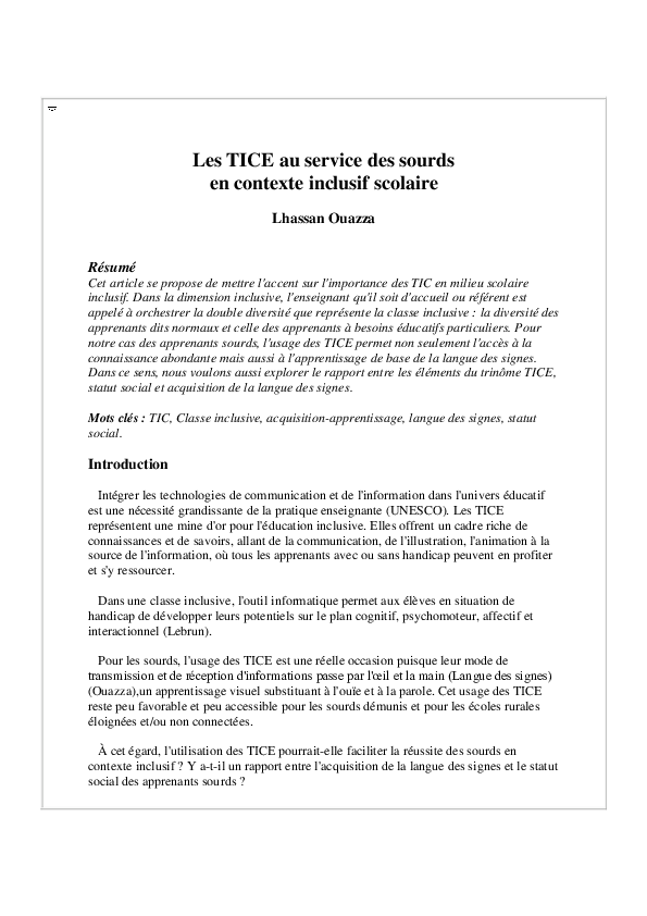 (PDF) Les TICE au service des sourds en contexte inclusif scolaire