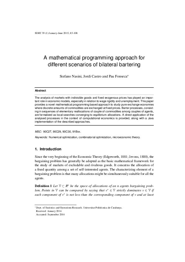 (PDF) A mathematical programming approach for different scenarios of bilateral bartering | Pau ...