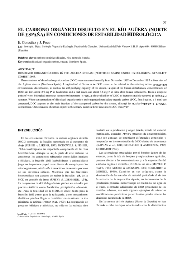 (PDF) El carbono orgánico disuelto en el rio Aguera (norte de España) en condiciones de ...