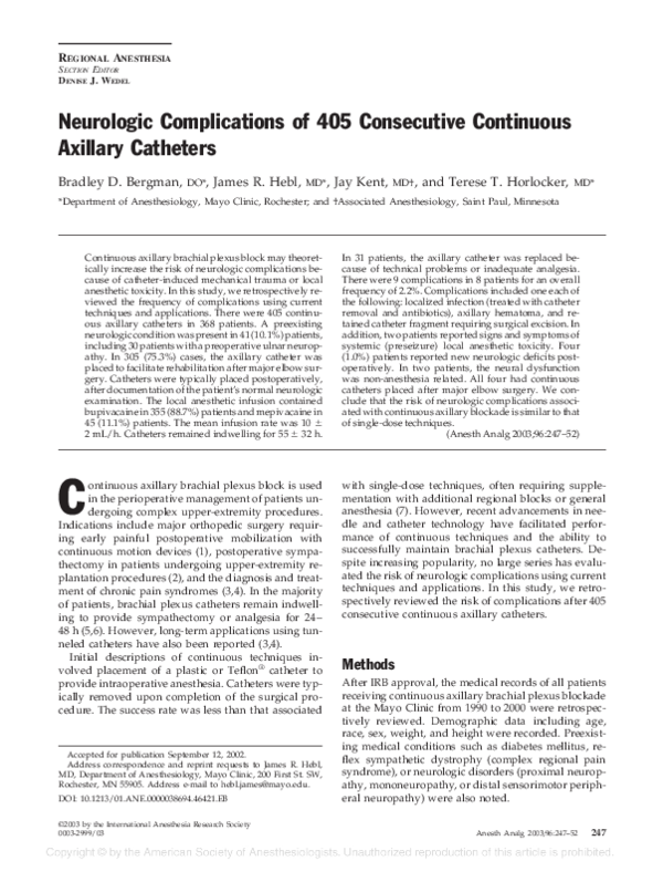 (PDF) Neurologic Complications of 405 Consecutive Continuous Axillary ...