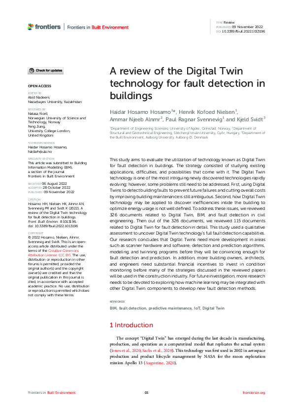 Pdf A Review Of The Digital Twin Technology For Fault Detection In Buildings