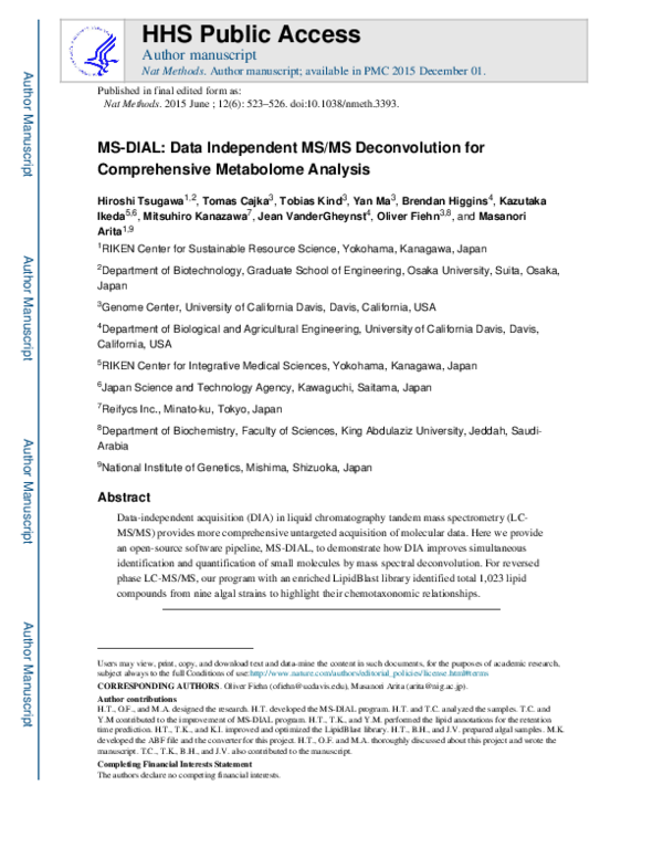 (PDF) MS-DIAL: data-independent MS/MS deconvolution for comprehensive ...