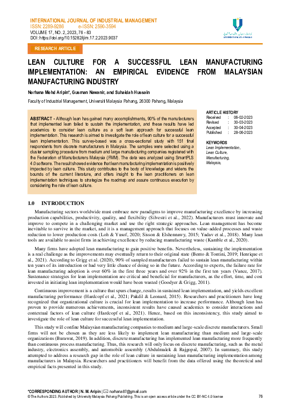(PDF) Lean Culture for a Successful Lean Manufacturing Implementation: An Empirical Evidence ...