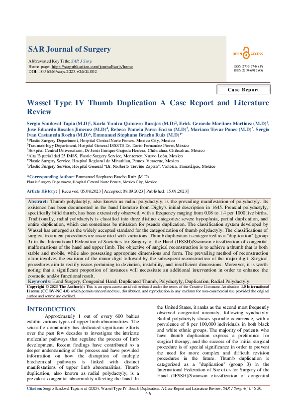 (PDF) Wassel Type IV Thumb Duplication A Case Report and Literature Review
