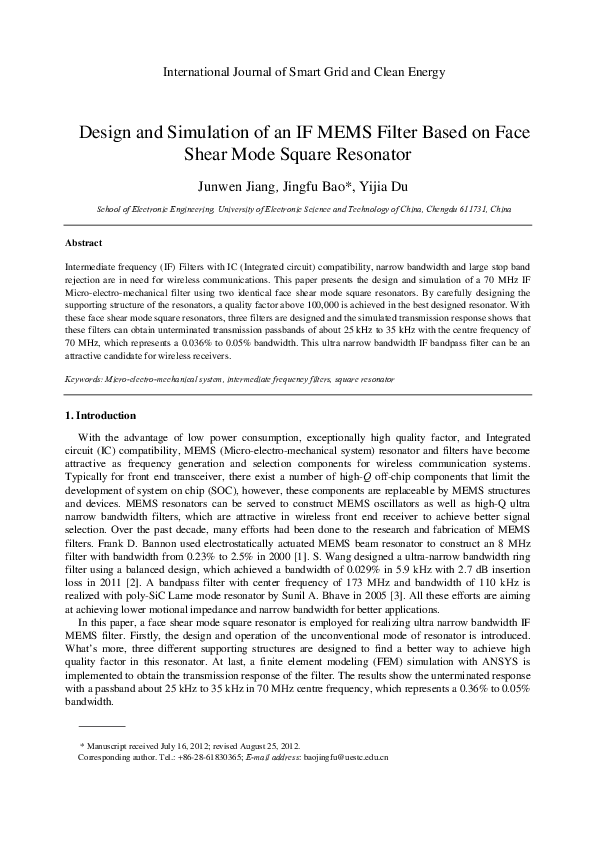 (PDF) Design and Simulation of an IF MEMS Filter Based on Face Shear Mode Square Resonator