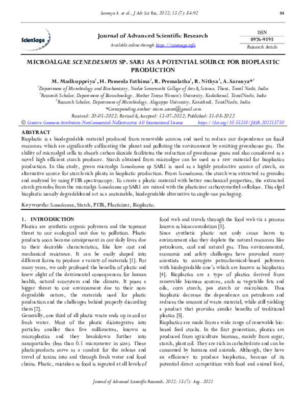 (PDF) Microalgae Scenedesmus Sp. SAR1 as a Potential Source for ...