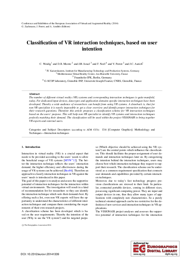 (PDF) Classification of VR Interaction Techniques, Based on User Intention