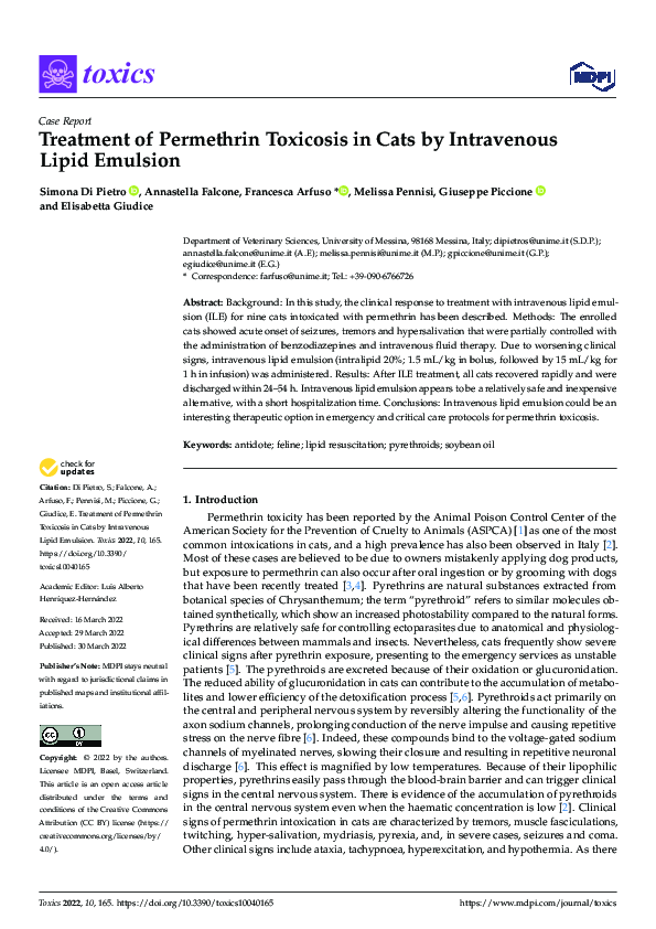 (PDF) Treatment of Permethrin Toxicosis in Cats by Intravenous Lipid Emulsion