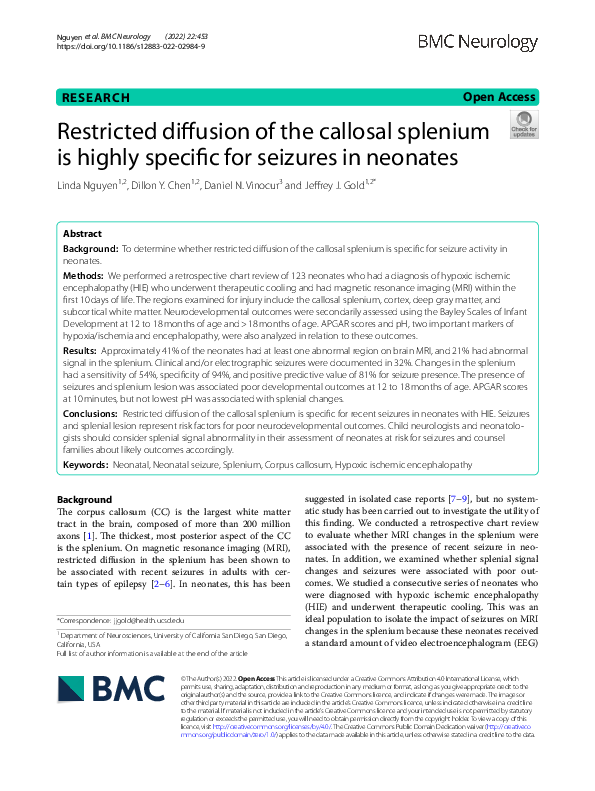 (PDF) Restricted diffusion of the callosal splenium is highly specific ...