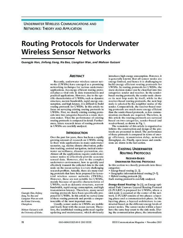 (PDF) Routing Protocols for Underwater Wireless Sensor Networks: A Survey