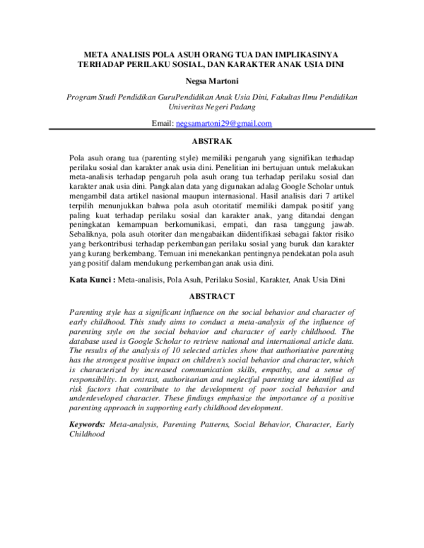 (PDF) META ANALISIS POLA ASUH ORANG TUA DAN IMPLIKASINYA TERHADAP PERILAKU SOSIAL, DAN KARAKTER ...