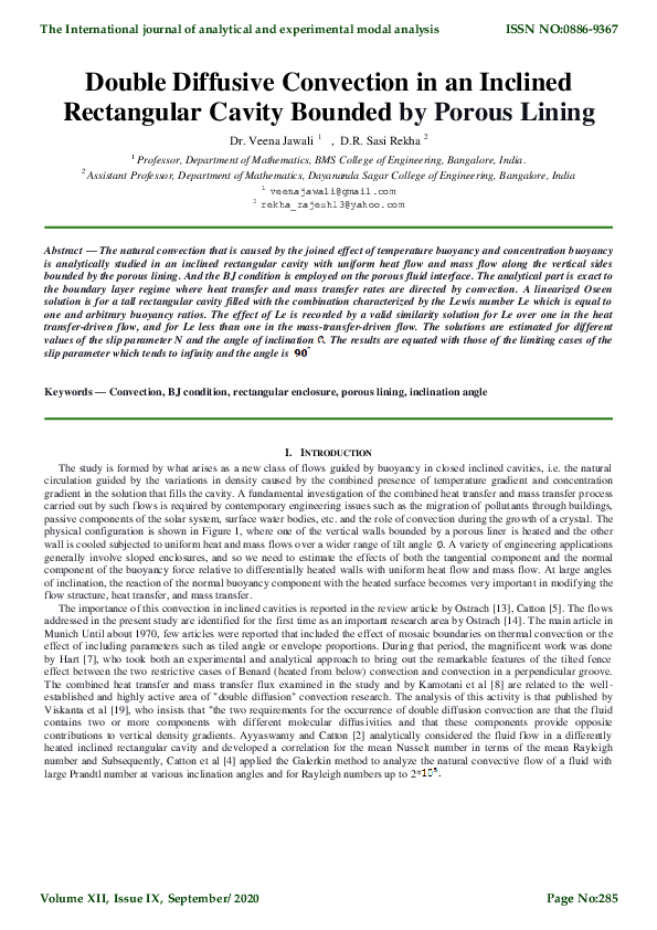 (PDF) Double Diffusive Convection in an Inclined Rectangular Cavity Bounded by Porous Lining