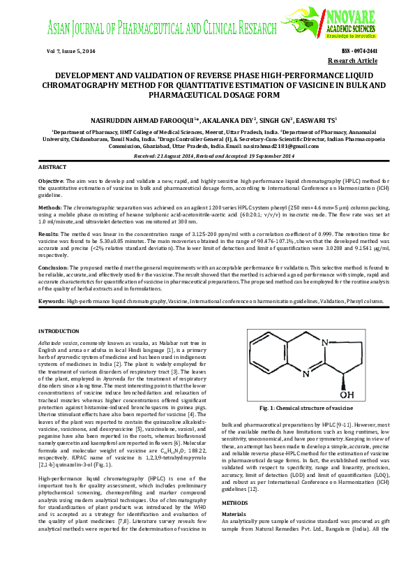 Pdf Development And Validation Of Rp Hplc Method For Quantitative Estimation Of Vasicine In