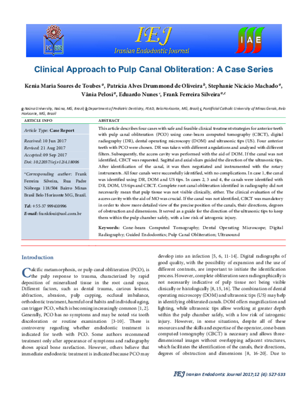(PDF) Clinical Approach to Pulp Canal Obliteration: A Case Series