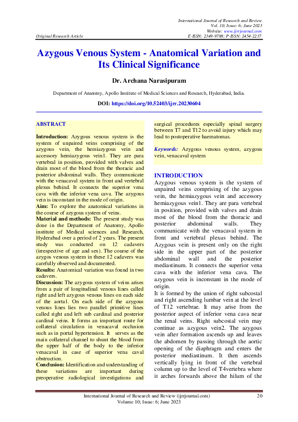 (PDF) Azygous Venous System -Anatomical Variation and Its Clinical ...