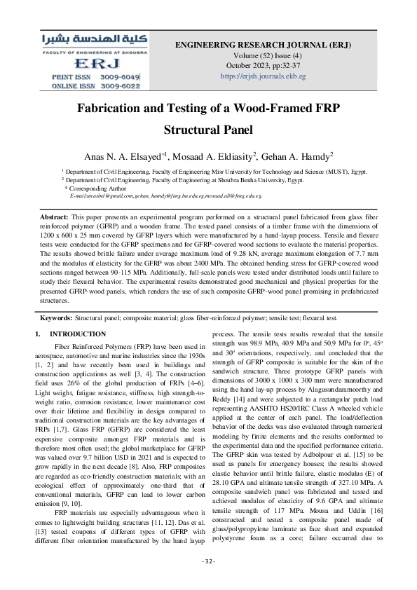 (PDF) Fabrication and Testing of a Wood-Framed FRP Structural Panel