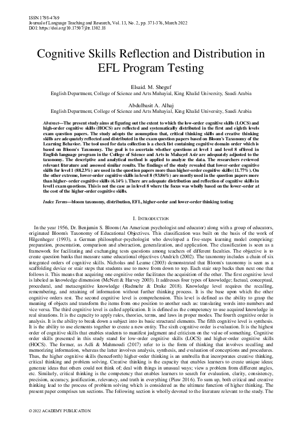 (PDF) Cognitive Skills Reflection and Distribution in EFL Program Testing
