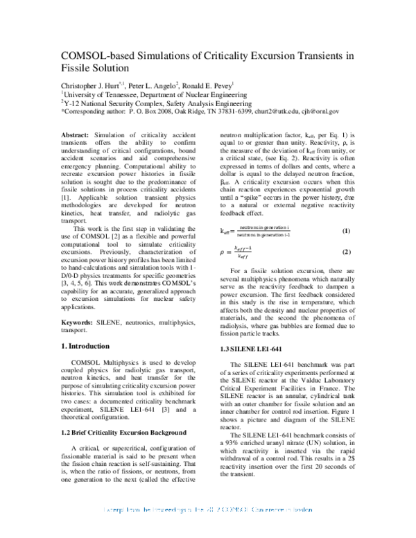 (PDF) COMSOL-based Simulations of Criticality Excursion Transients in ...