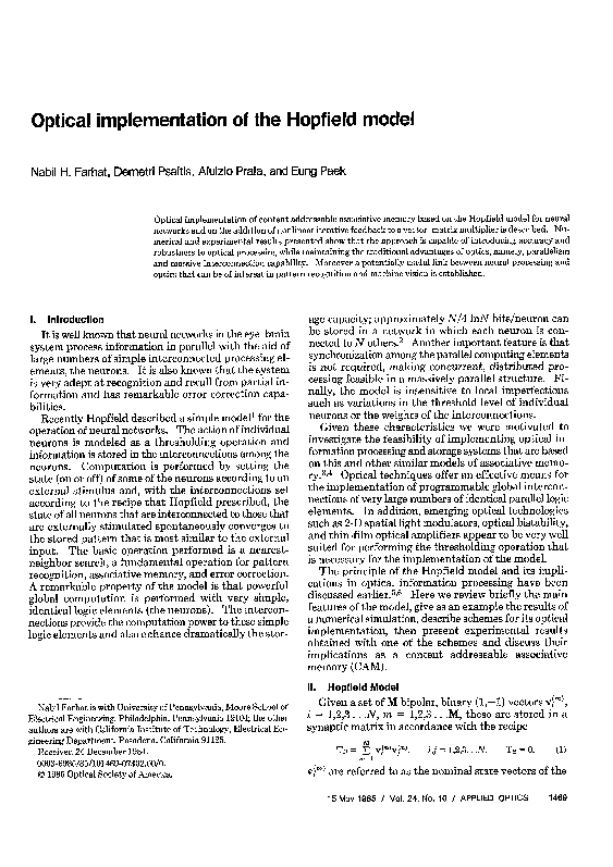 (PDF) Optical implementation of the Hopfield model | Eung Paek - Academia.edu