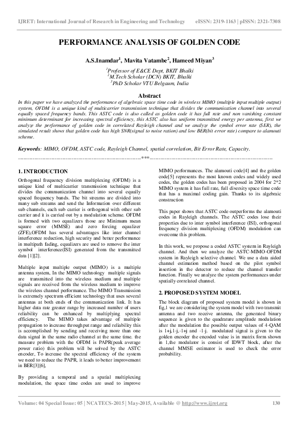 (PDF) Performance Analysis of Golden Code