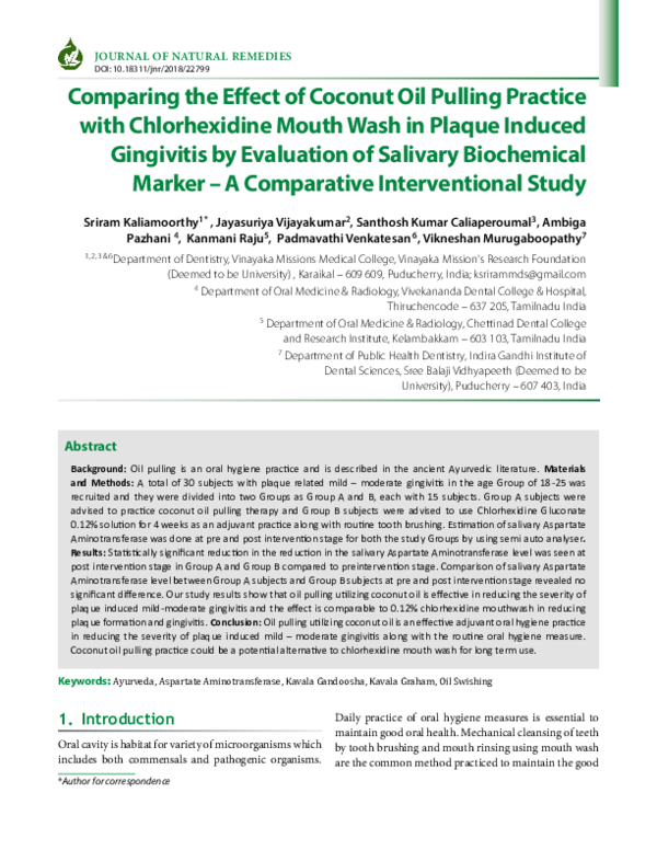 (PDF) Comparing the effect of coconut oil pulling practice with oil ...