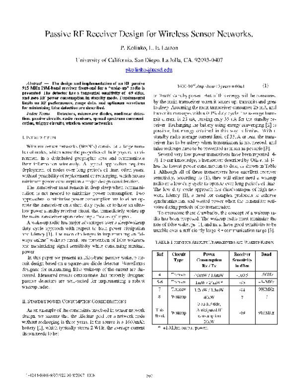 (PDF) Passive RF Receiver Design for Wireless Sensor Networks