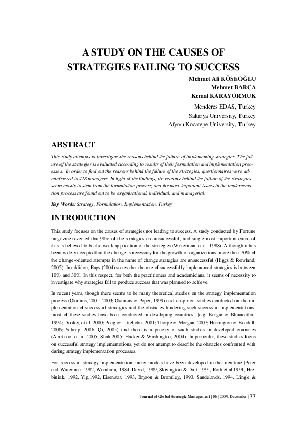 (PDF) A Study on the Causes of Strategies Failing to Success