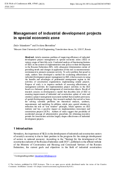 (PDF) Management of industrial development projects in special economic ...