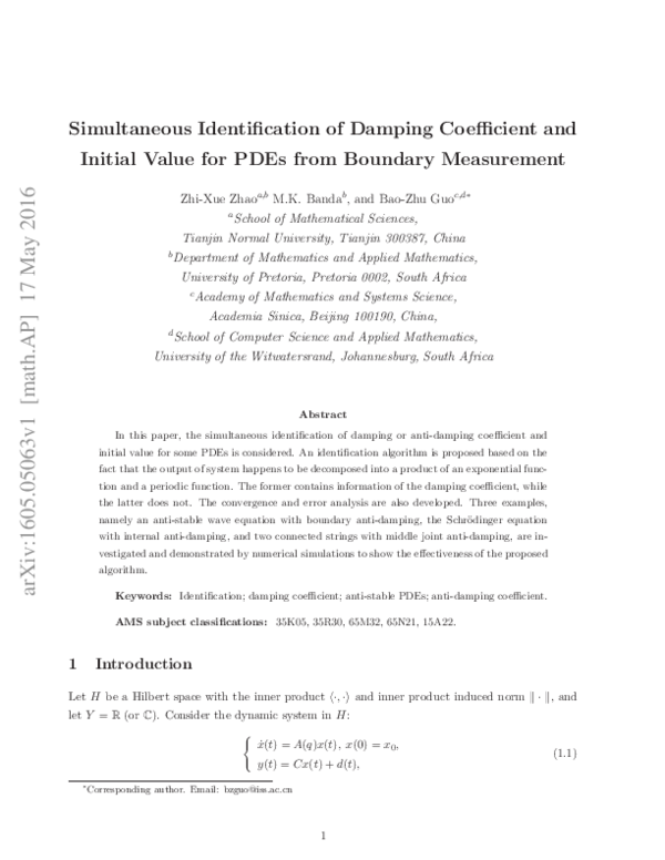 (PDF) Simultaneous Identification of Damping Coefficient and Initial Value in PDEs from boundary ...