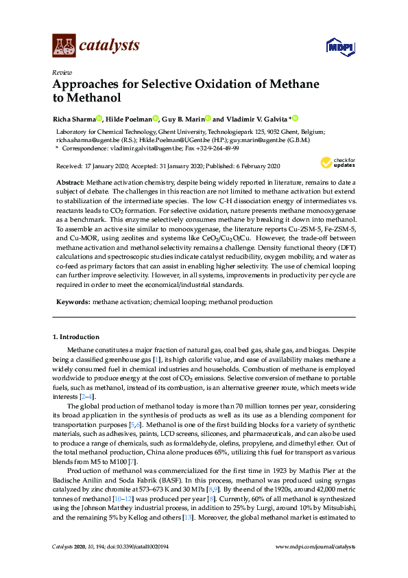 (PDF) Approaches for Selective Oxidation of Methane to Methanol
