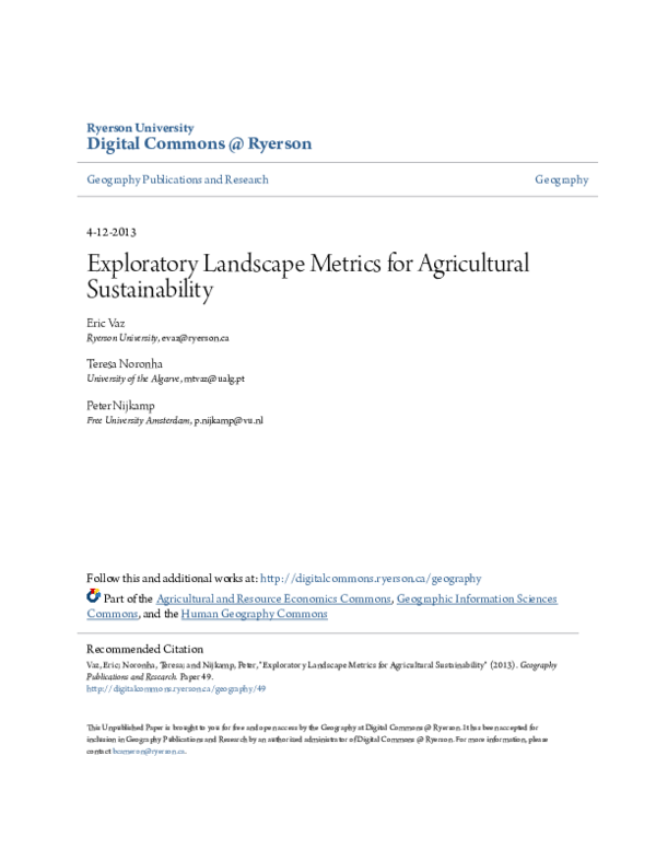 (PDF) Exploratory Landscape Metrics for Agricultural Sustainability