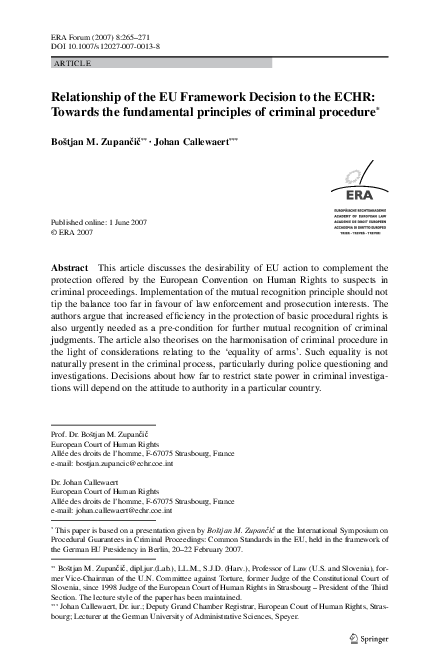 (PDF) Relationship of the EU Framework Decision to the ECHR: Towards ...