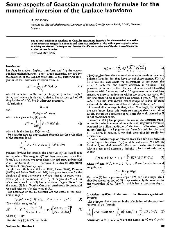 Pdf Some Aspects Of Gaussian Quadrature Formulae For The Numerical Inversion Of The Laplace