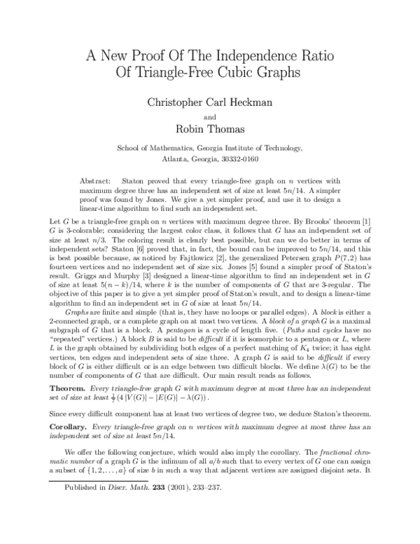 (PDF) A new proof of the independence ratio of triangle-free cubic graphs