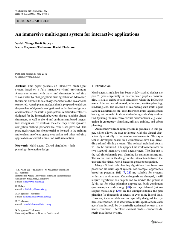 (PDF) An immersive multi-agent system for interactive applications