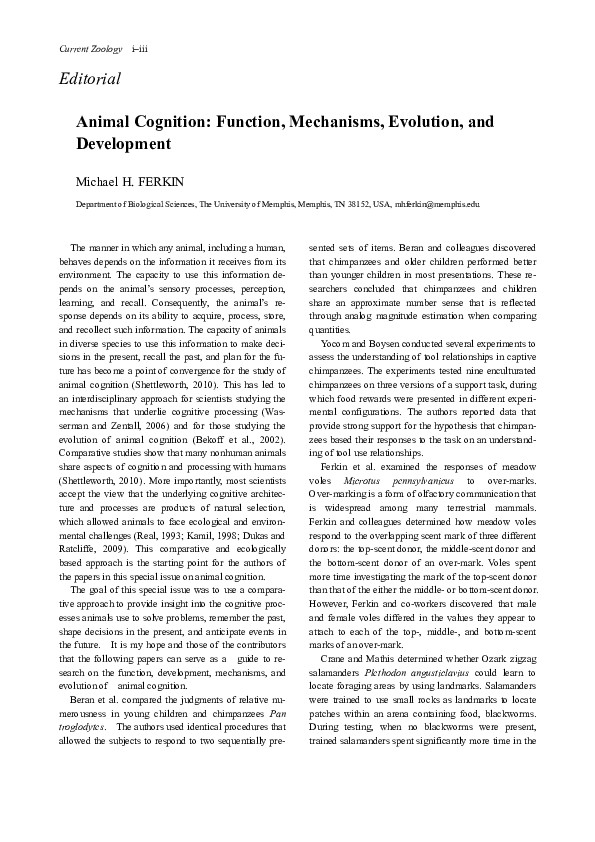 (PDF) Animal Cognition: Function, Mechanisms, Evolution, and Development